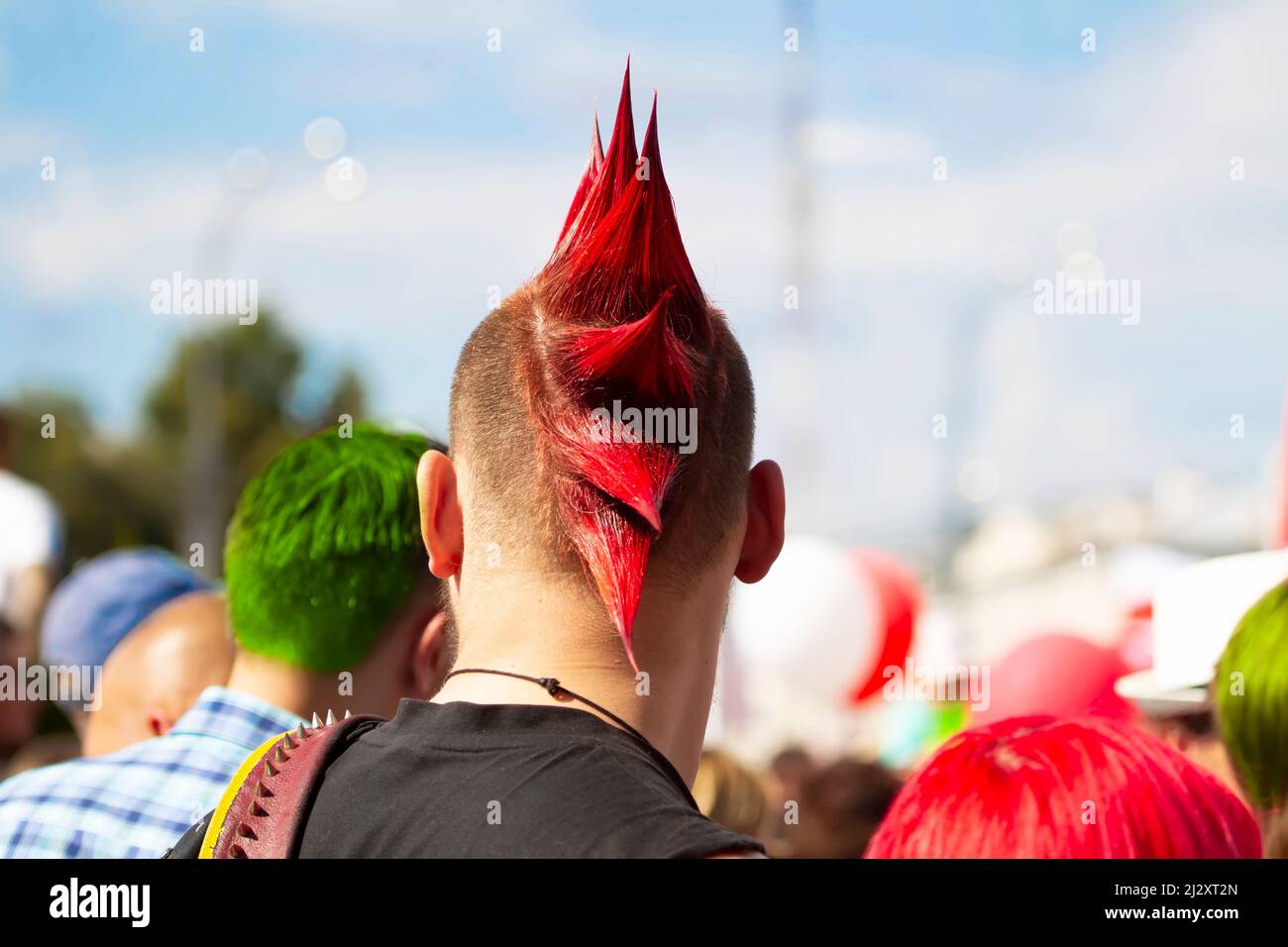 A young man with a punk hairstyle stands with his back to the camera ...