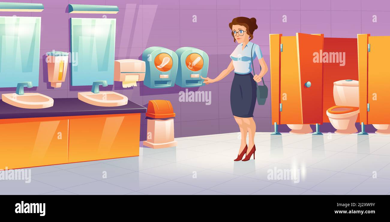 Woman in public toilet with tampon and pads vending machines. Vector ...