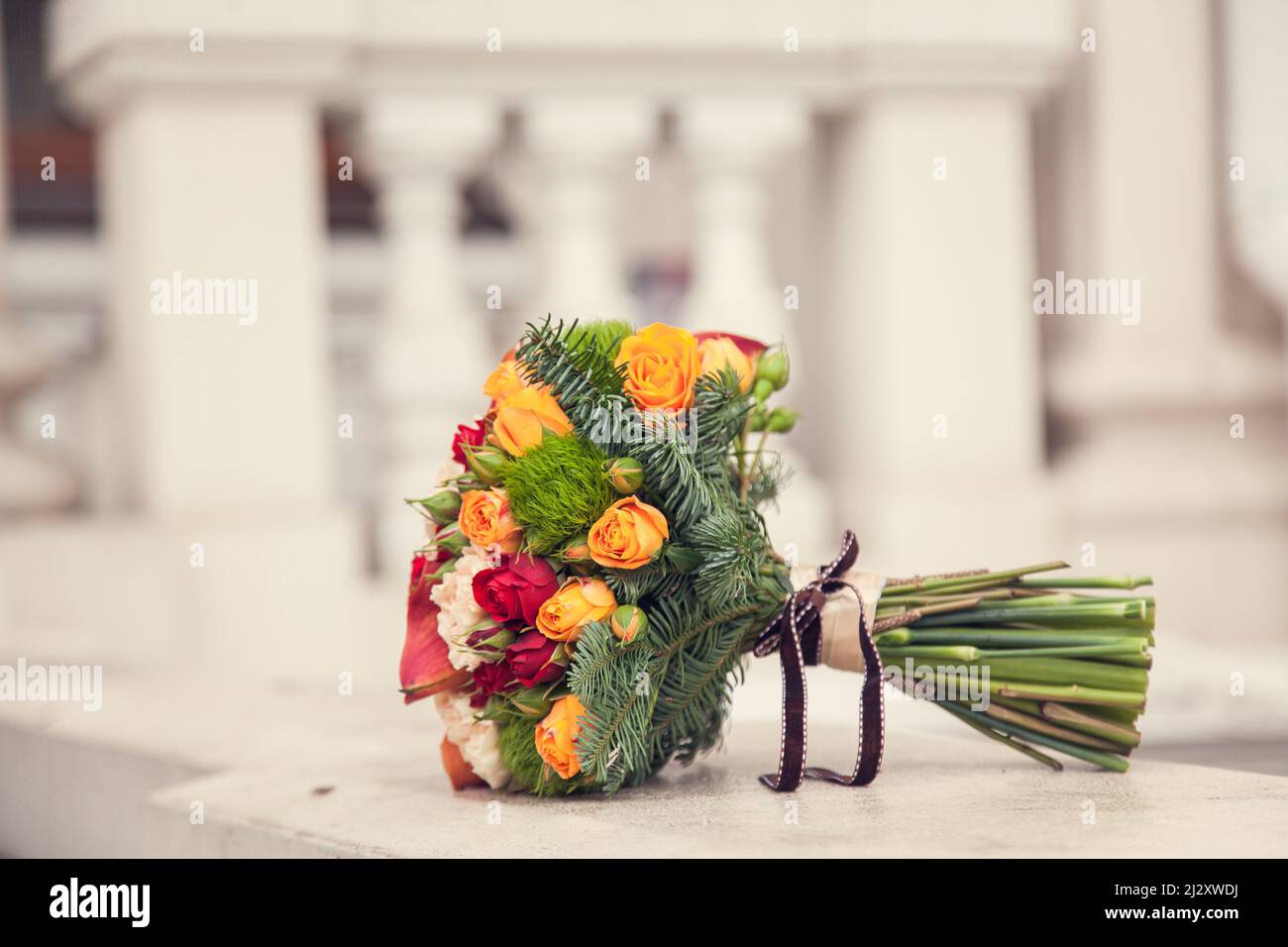 Wedding bouquet of the bride in winter or autumn style with carnation ...