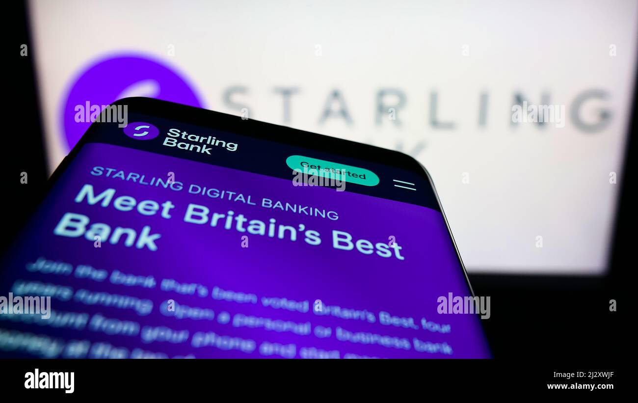 Mobile phone with website of British challenger bank Starling Bank ...