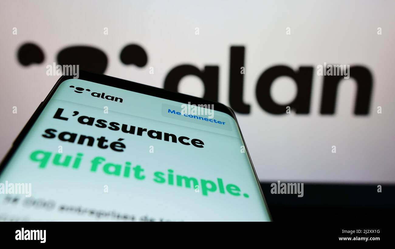 Mobile phone with website of French health insurance company Alan SA on ...