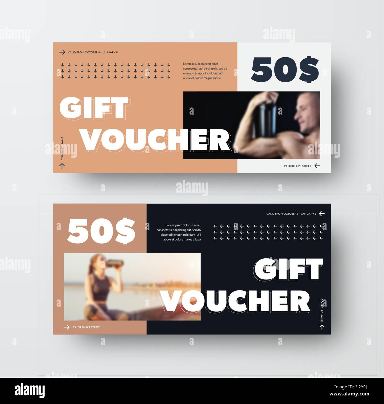 Template of black, white gift voucher, with brown insert and arrows ...