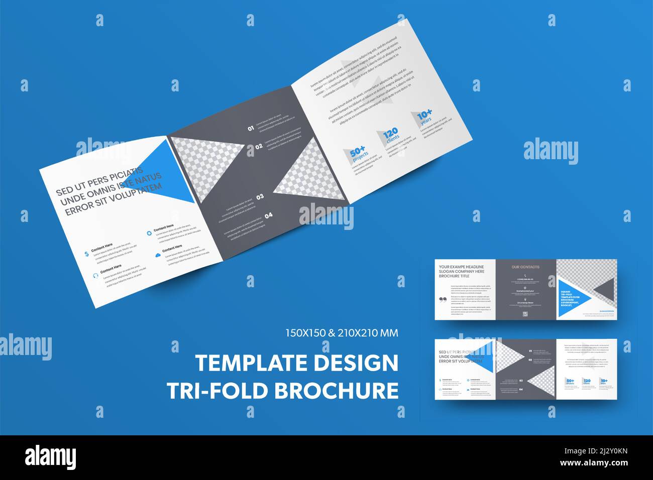 Template of open vector tri-fold with blue and gray triangles and place ...