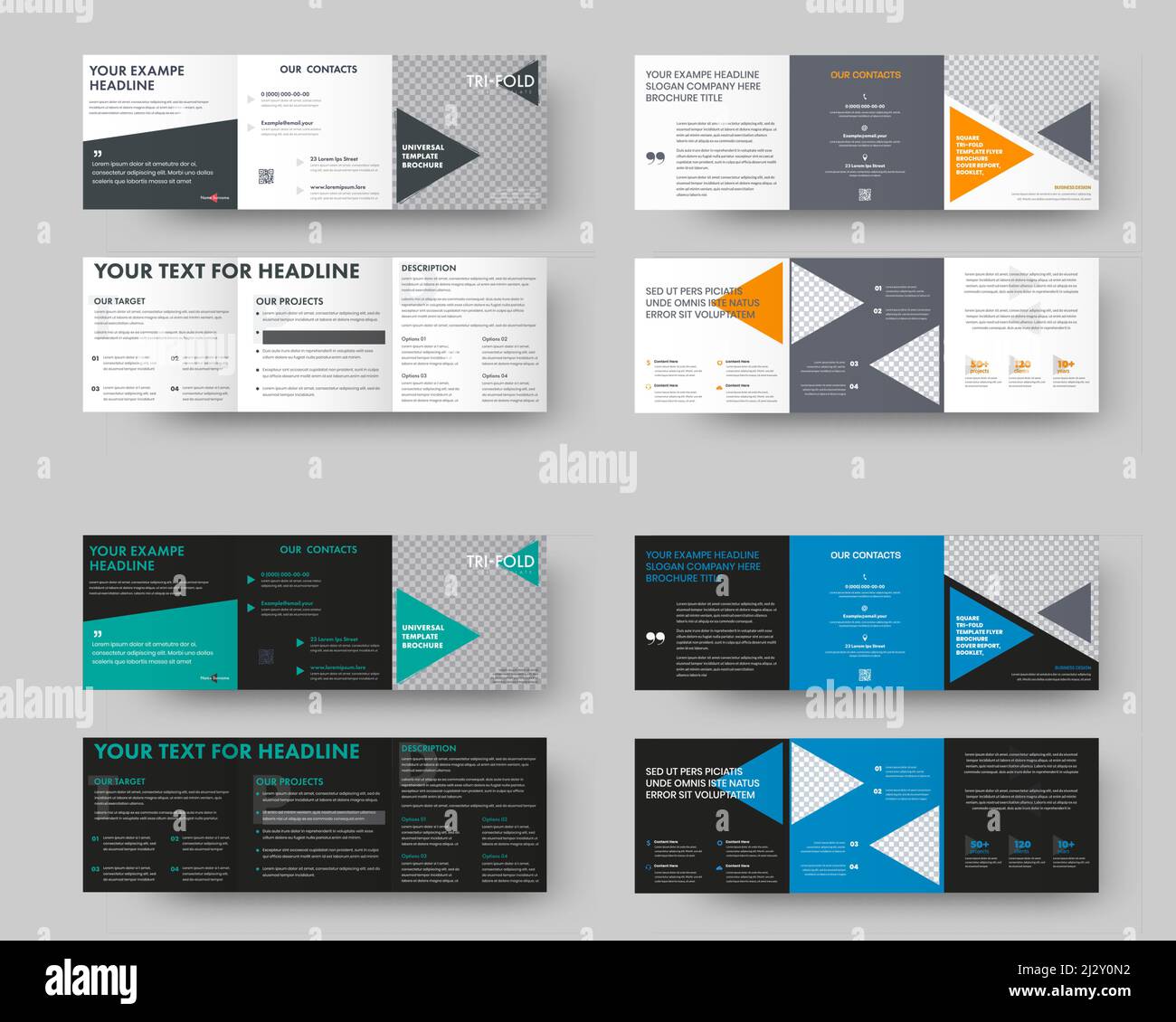 White and black vector square tri-fold template with gray, orange, blue ...