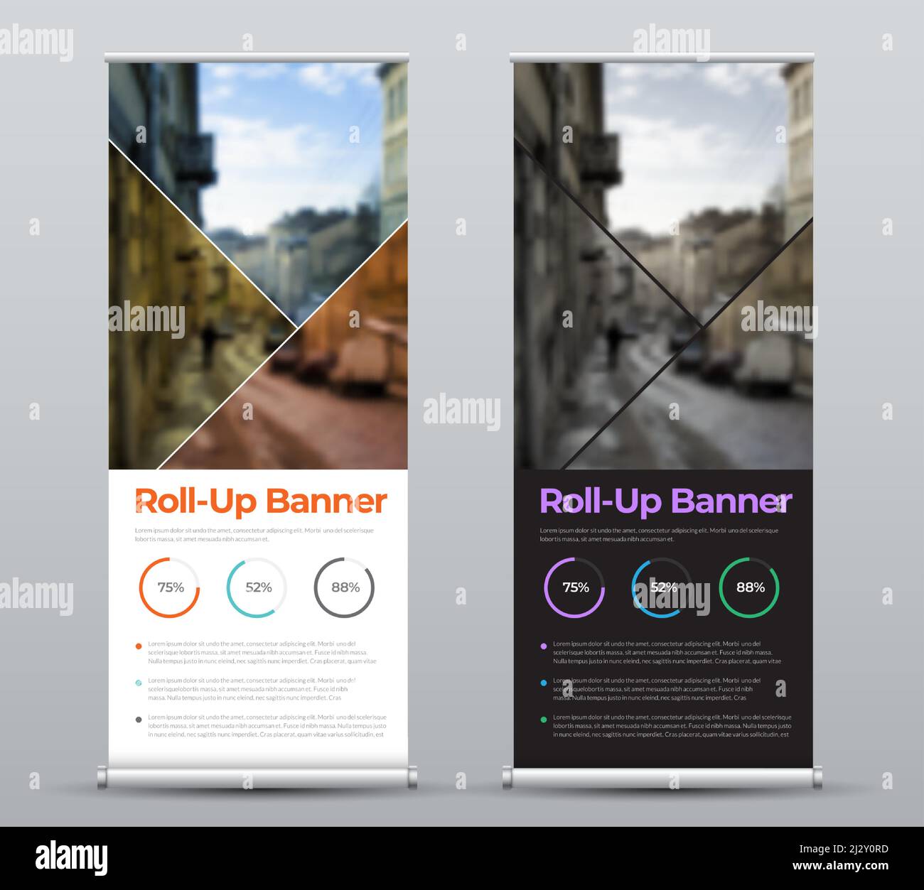 Template of white, black roll up banner, isolated on gray background ...