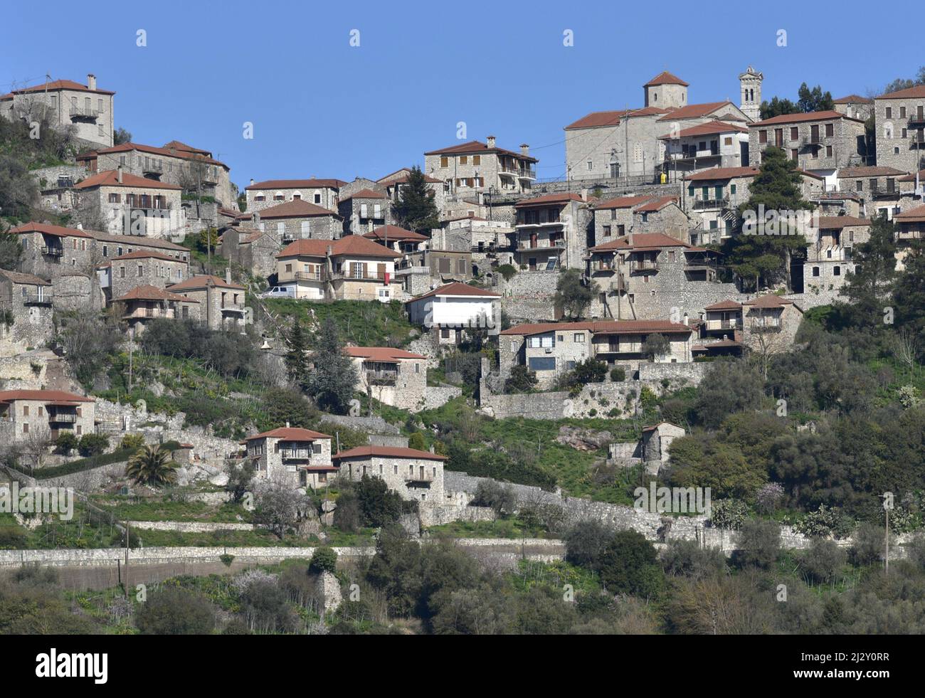 Landscape with scenic view of Karytaina a historic rural town with ...