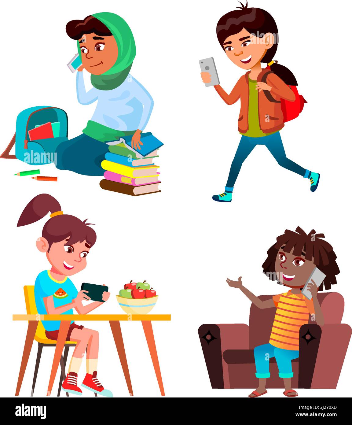 Schoolgirls Using Smartphone Device Set Vector Stock Vector Image & Art ...