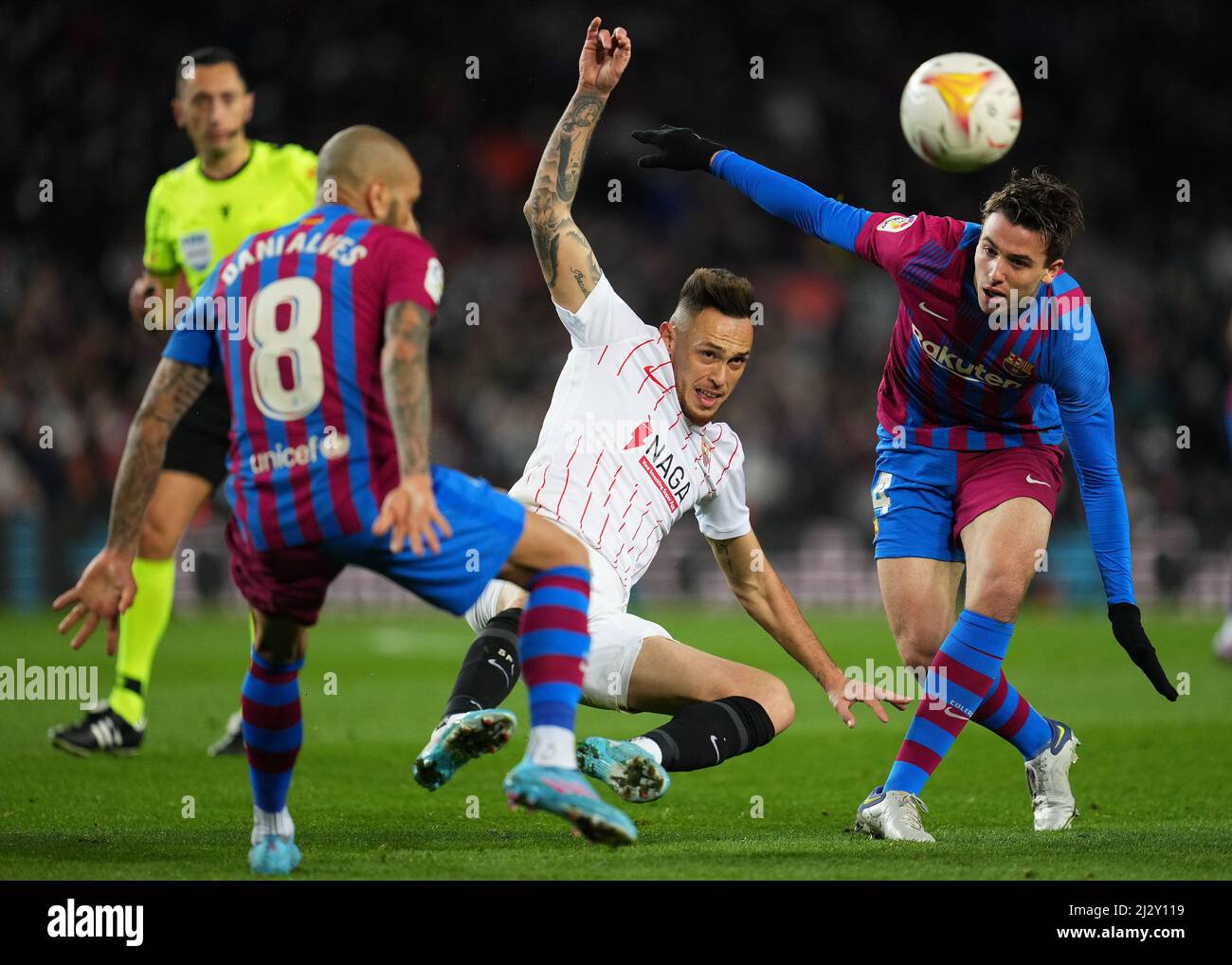 Lucas Ocampos of Sevilla FC, Dani Alves and Nico Gonzalez of FC ...