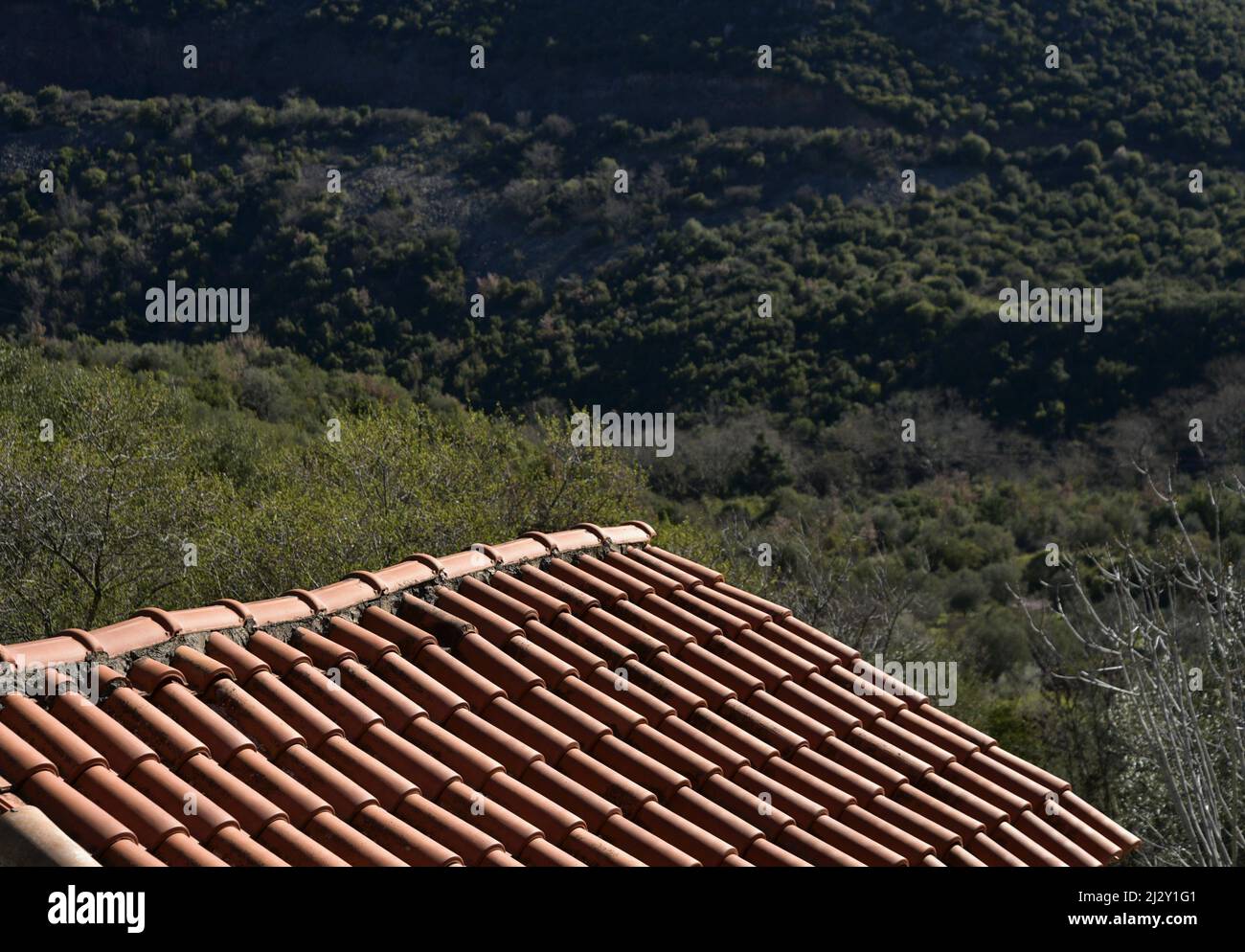 Traditional rural house red clay tile rooftop in the countryside of ...