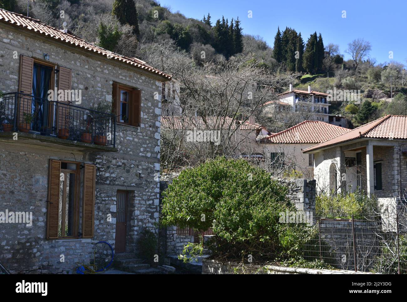 Landscape with scenic view of traditional stone built rural houses with ...