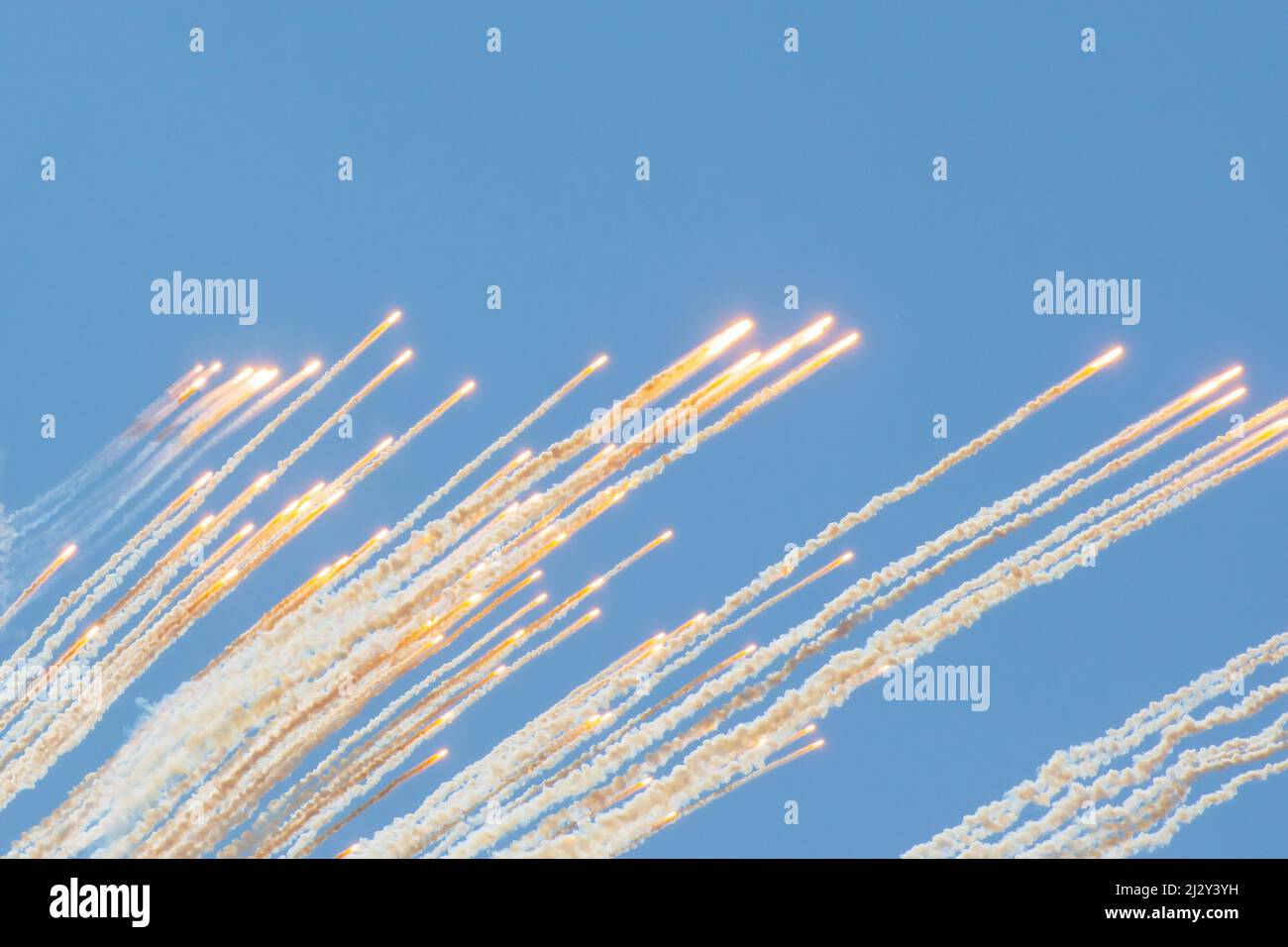 Outbreaks of warfare in the sky with explosives and smoke, fragments ...