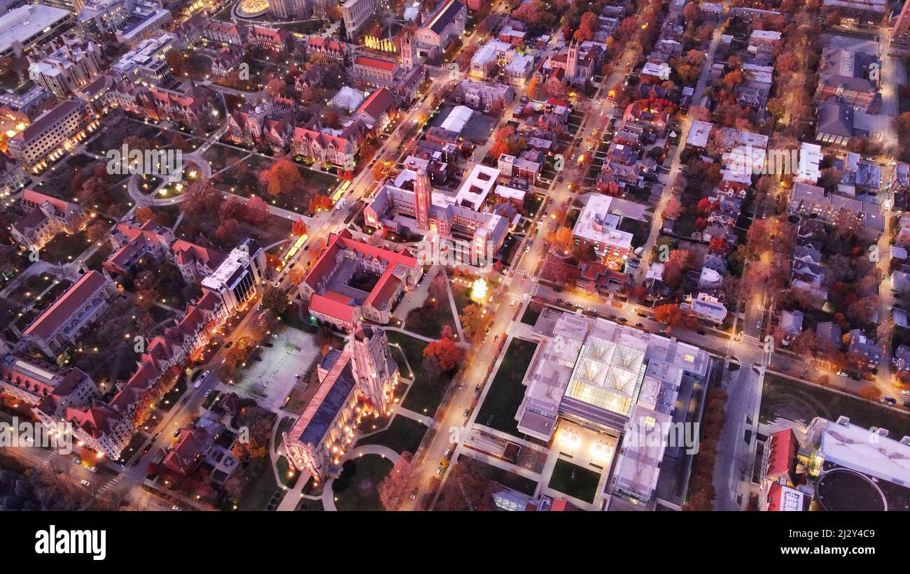 An aerial view of the University of Chicago buildings in Illinois, the ...