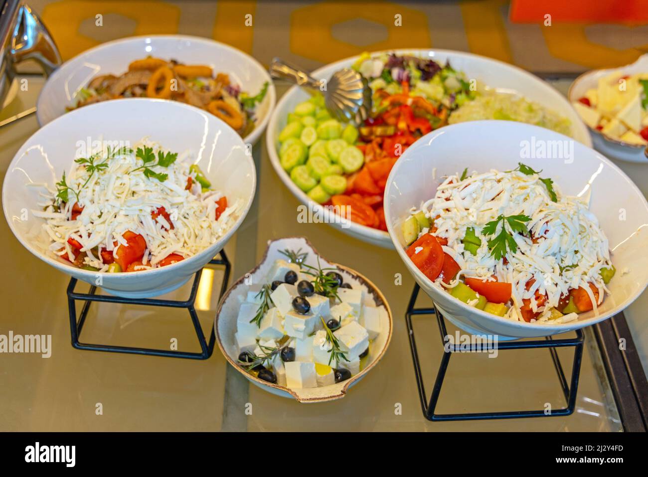 Greek Feta Cheese and Mix Salads Served in Bowls at Buffet Table Stock ...