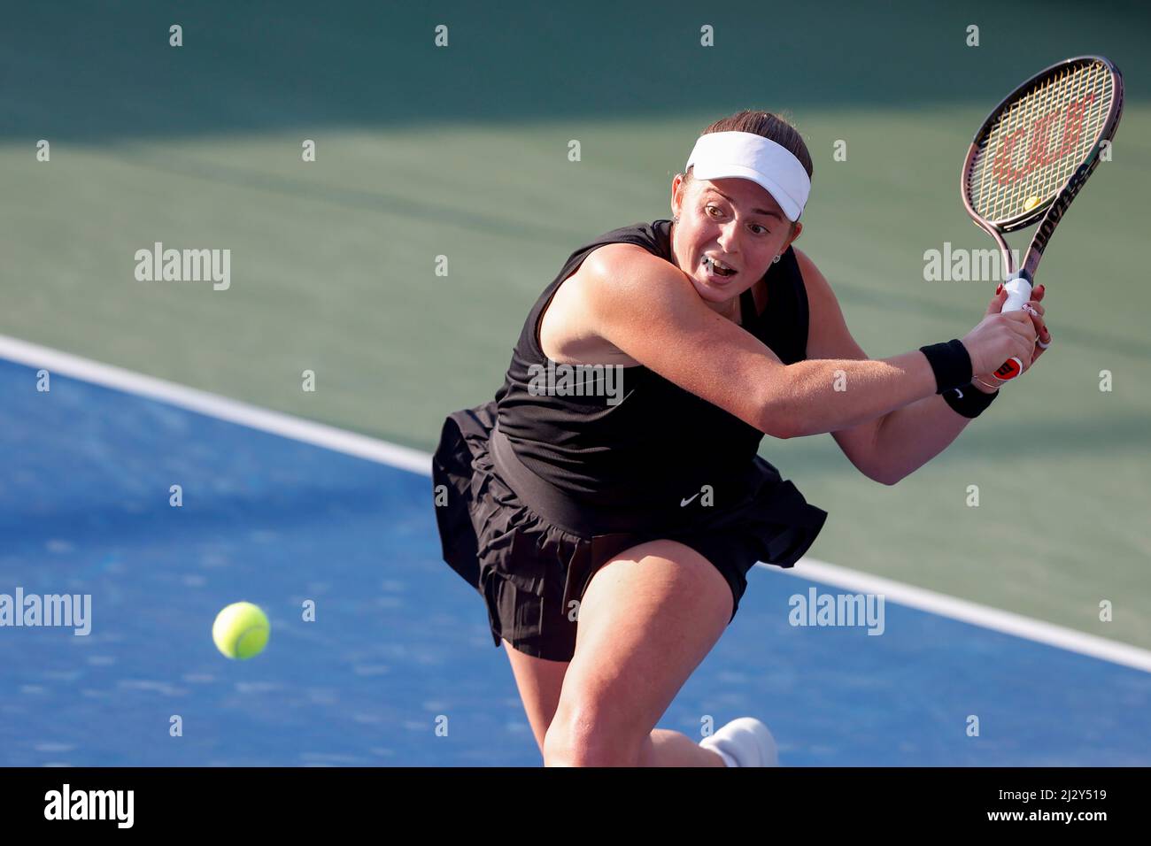 Latvian tennis player Jelena Ostapenko playing a backhand shot at the ...