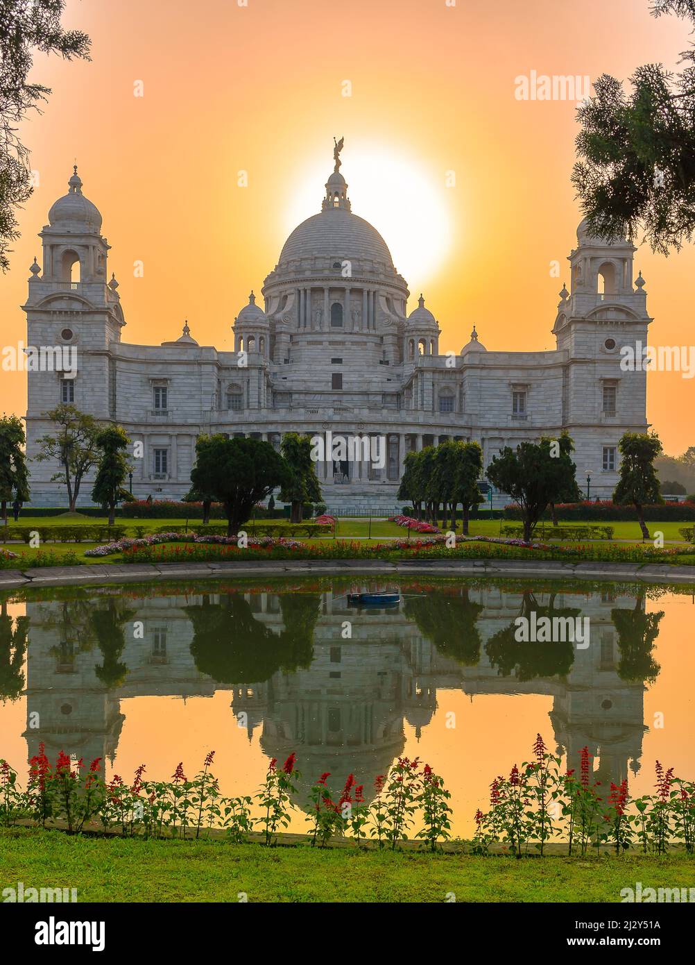 Landscape View of The Victoria Memorial , a large marble building in ...