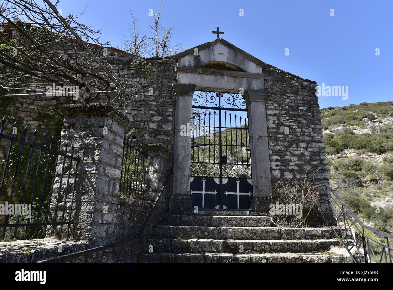 Old historic Greek Orthodox church stone built entrance with a ...