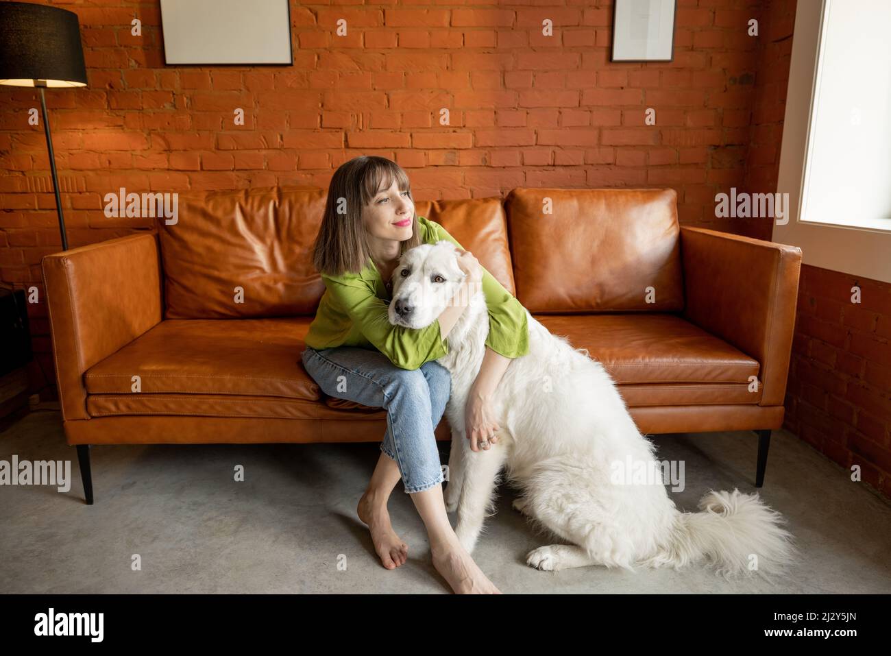 Woman hugs with her white adorable dog at home Stock Photo - Alamy