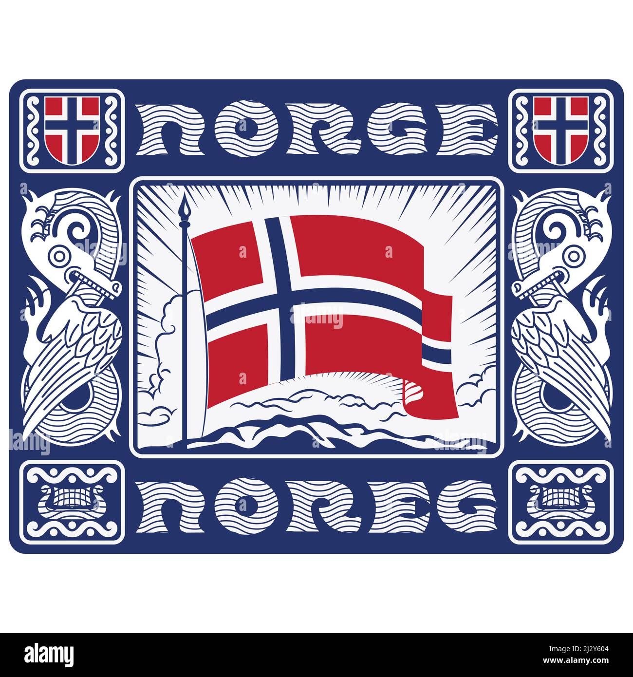 Scandinavian style design. Norway flag in the rays of the rising sun ...