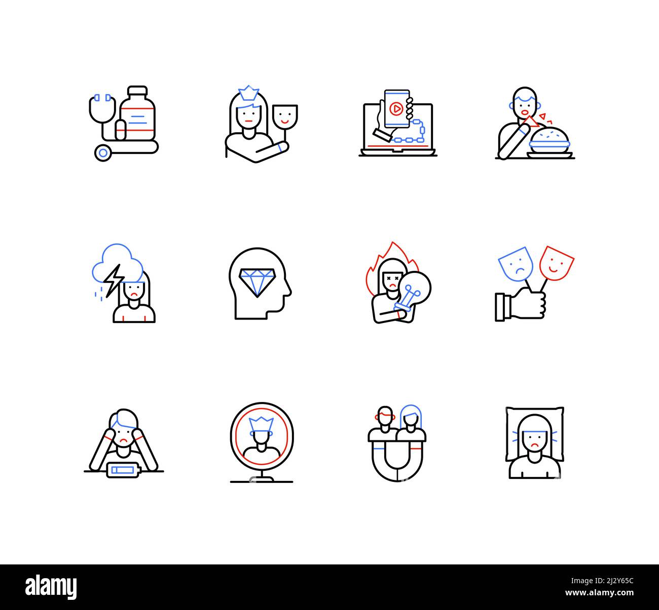 Emotional and psychological problems - line design style icons Stock ...