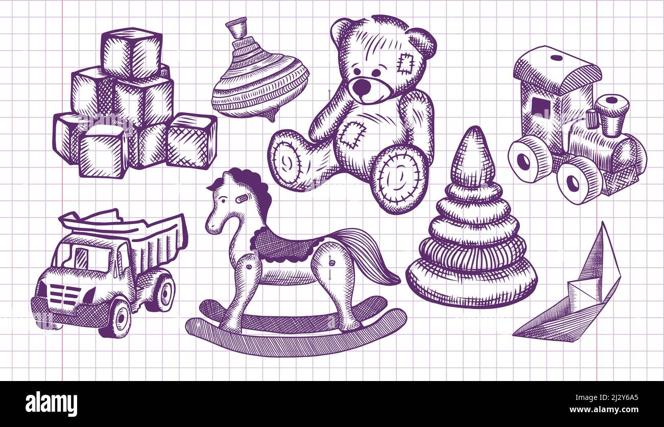 Baby toys cute vector illustrations. Set of hand drawn icons for ...