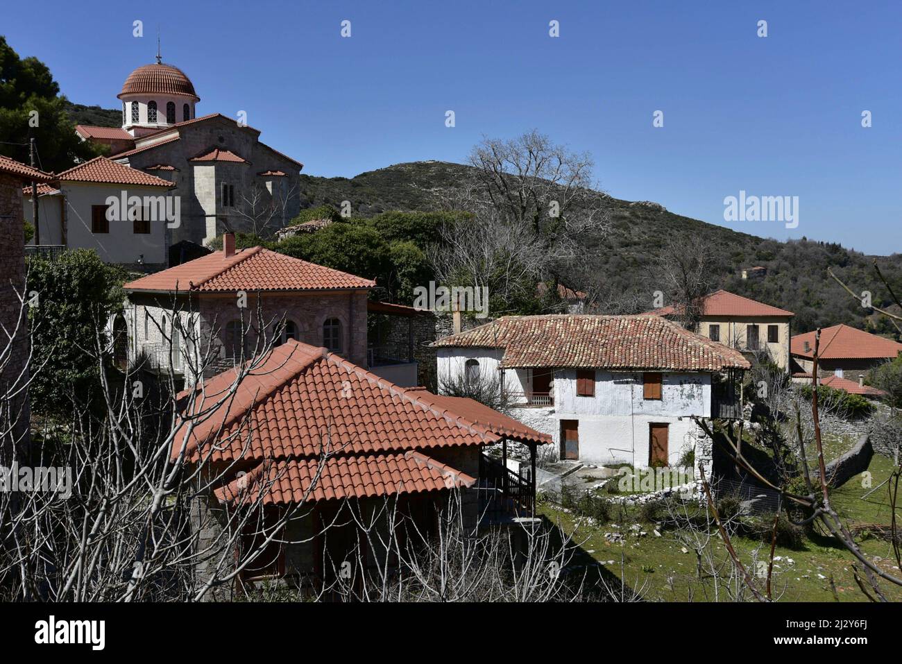 Landscape with scenic view of traditional stone built rural houses with ...