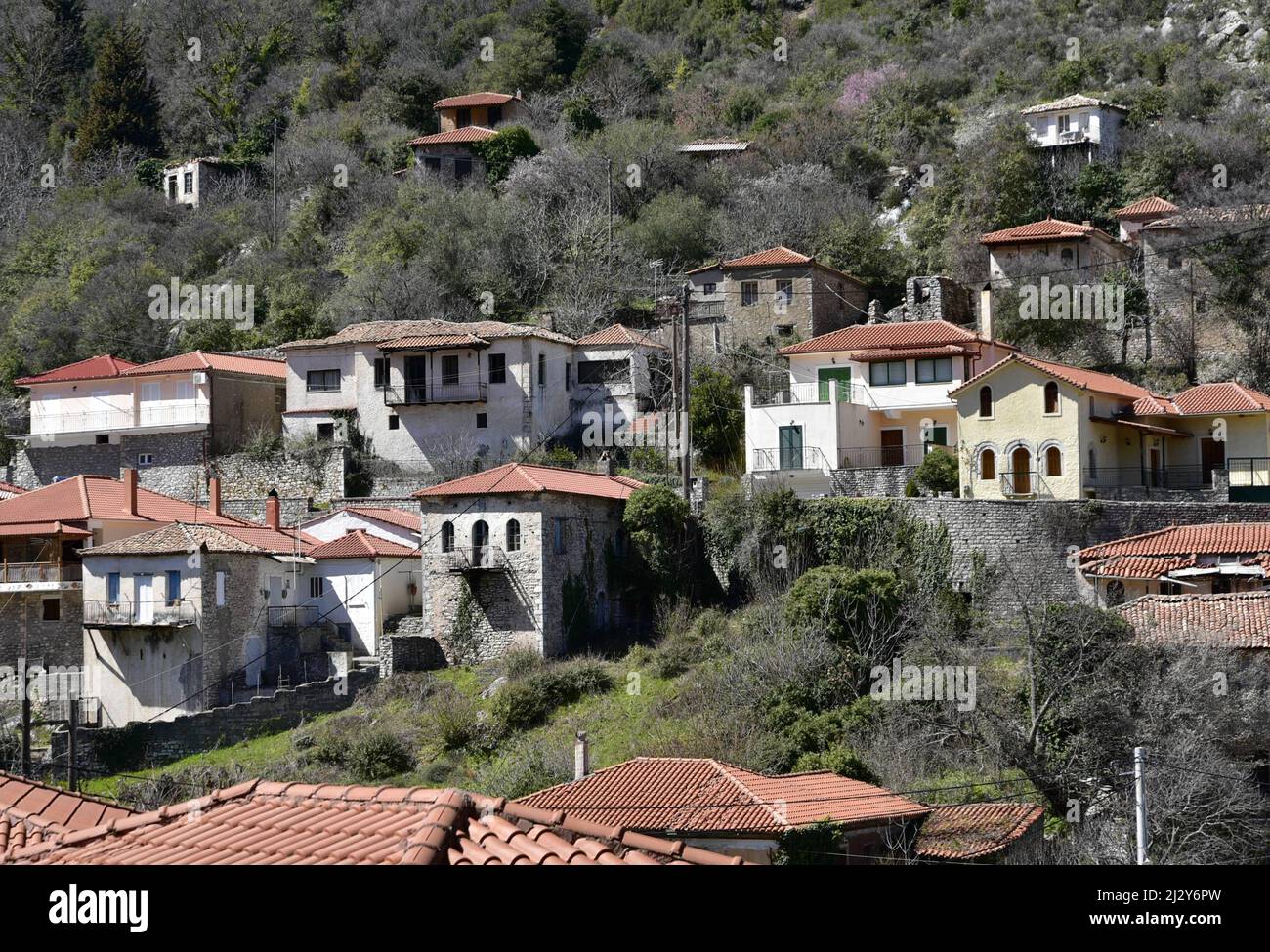 Landscape with scenic view of traditional stone built rural houses with ...