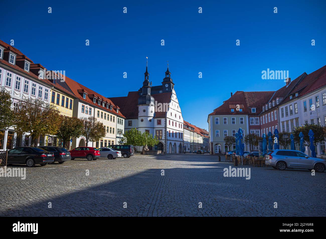 Market square and town hall in Hildburghausen, Thuringia, Germany Stock ...