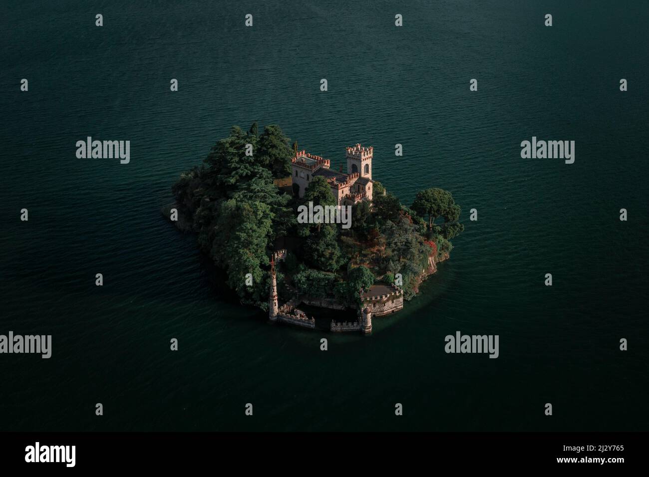 Castle Castello della Isola di Loreto on island in Lake Iseo from above ...