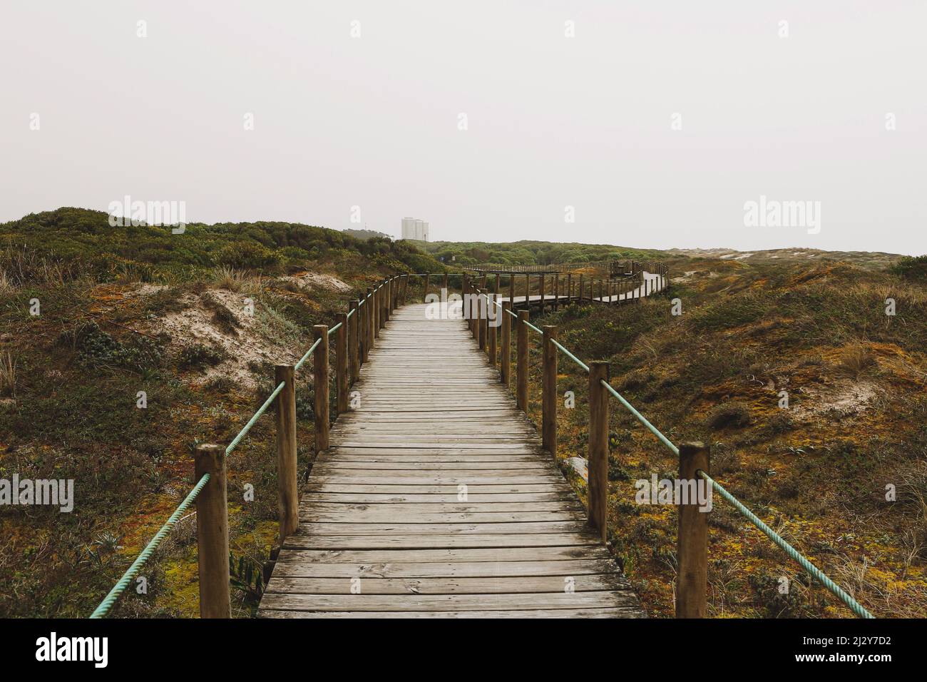 A long wooden walking path on a rural hill under a foggy sky Stock ...