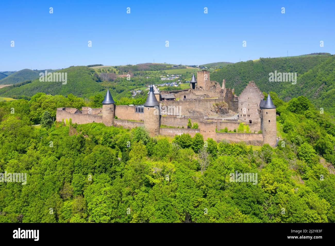 Aerial view of Bourscheid Castle, Canton of Diekirch, Grand Duchy of ...