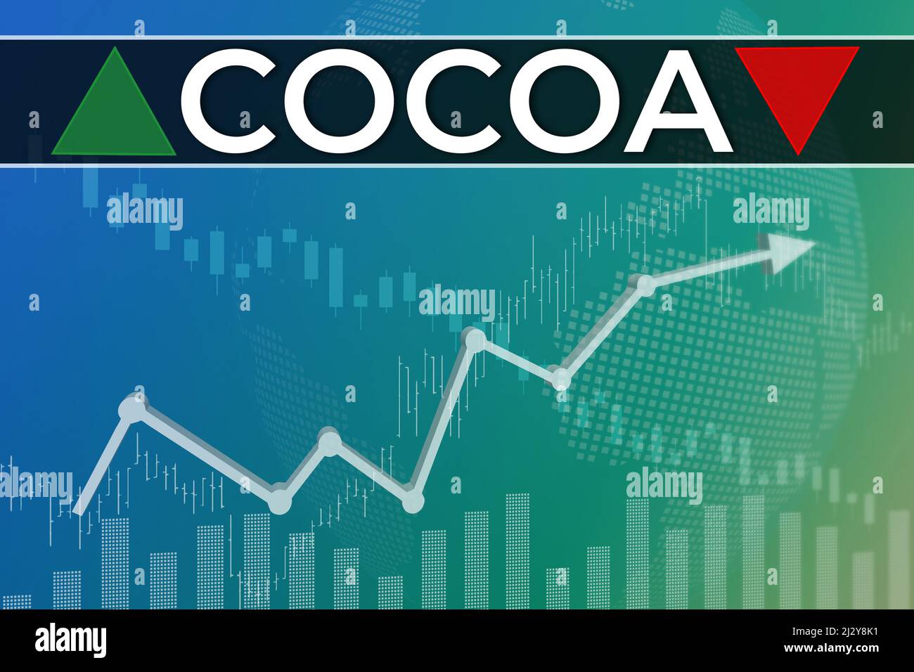 Word Cocoa on blue and green finance background from graphs, charts ...