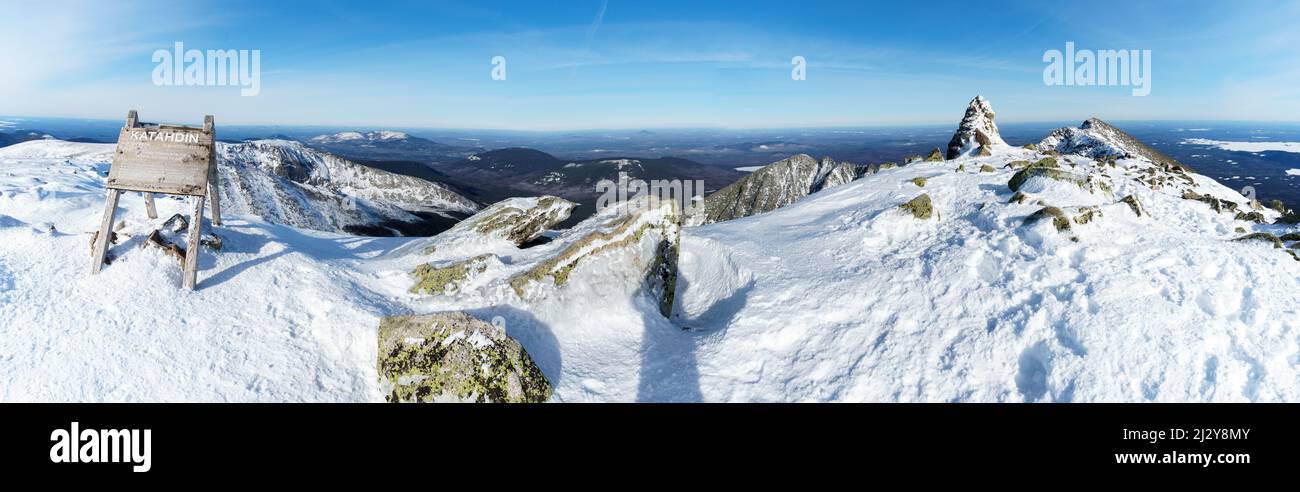 Panorama of Mount Katahdin Summit, Knifes Edge in Winter, Winter ...