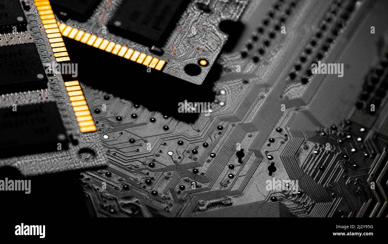 Macro Close up of computer RAM chip; random access memory chip slot for ...
