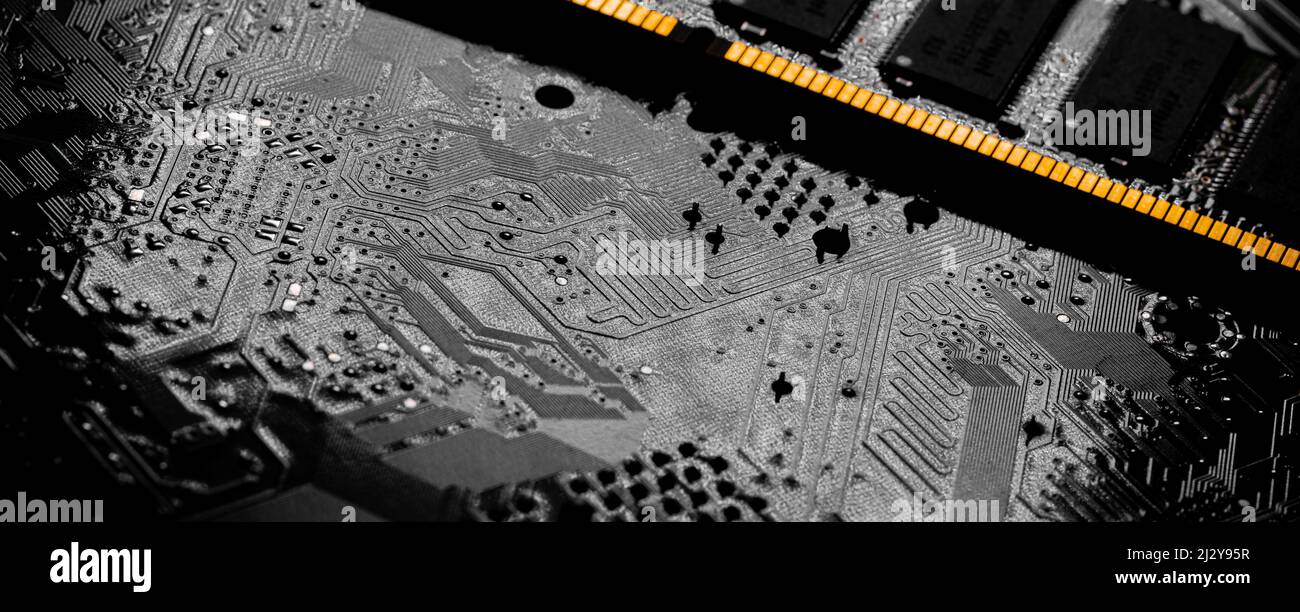 Macro Close Up Of Computer Ram Chip Random Access Memory Chip Slot For