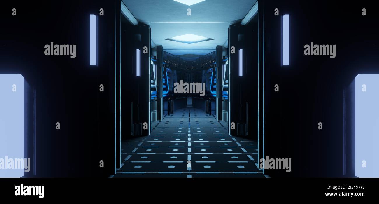 Empty Futuristic Cyber Warehouse Futuristic Interior Revolutionary Blue ...
