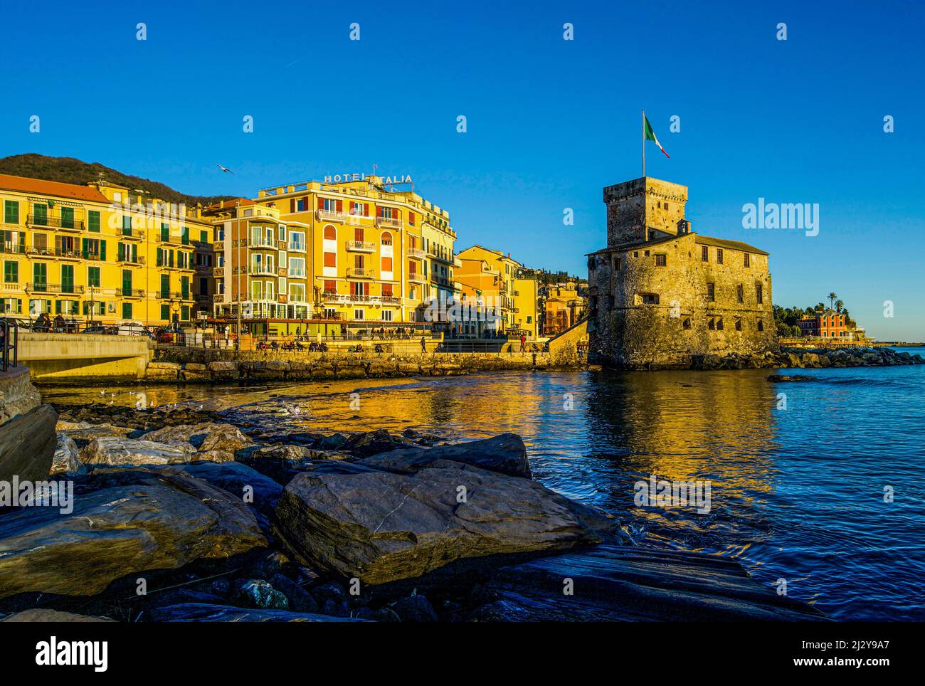 Harbor castle and sea promenade in Rapallo, Liguria, Italian Riviera ...