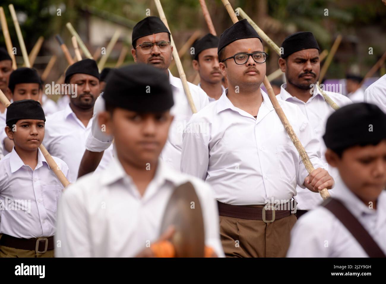 Rashtriya Swayamsevak Sangh (RSS) volunteers participate in an annual ...