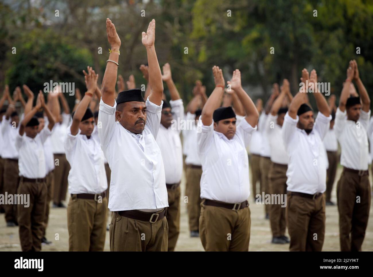 Rashtriya Swayamsevak Sangh (RSS) volunteers participate in an annual ...