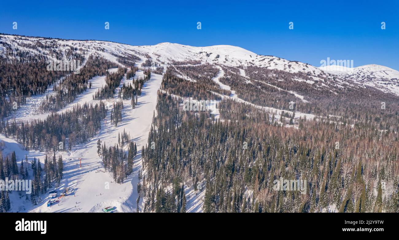 Aerial top view landscape Sheregesh ski lift resort winter, mountain ...