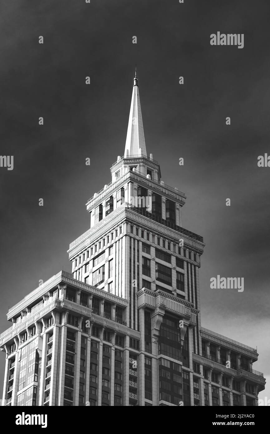 A grayscale of the Triumph Palace tower in Moscow, Russia Stock Photo ...