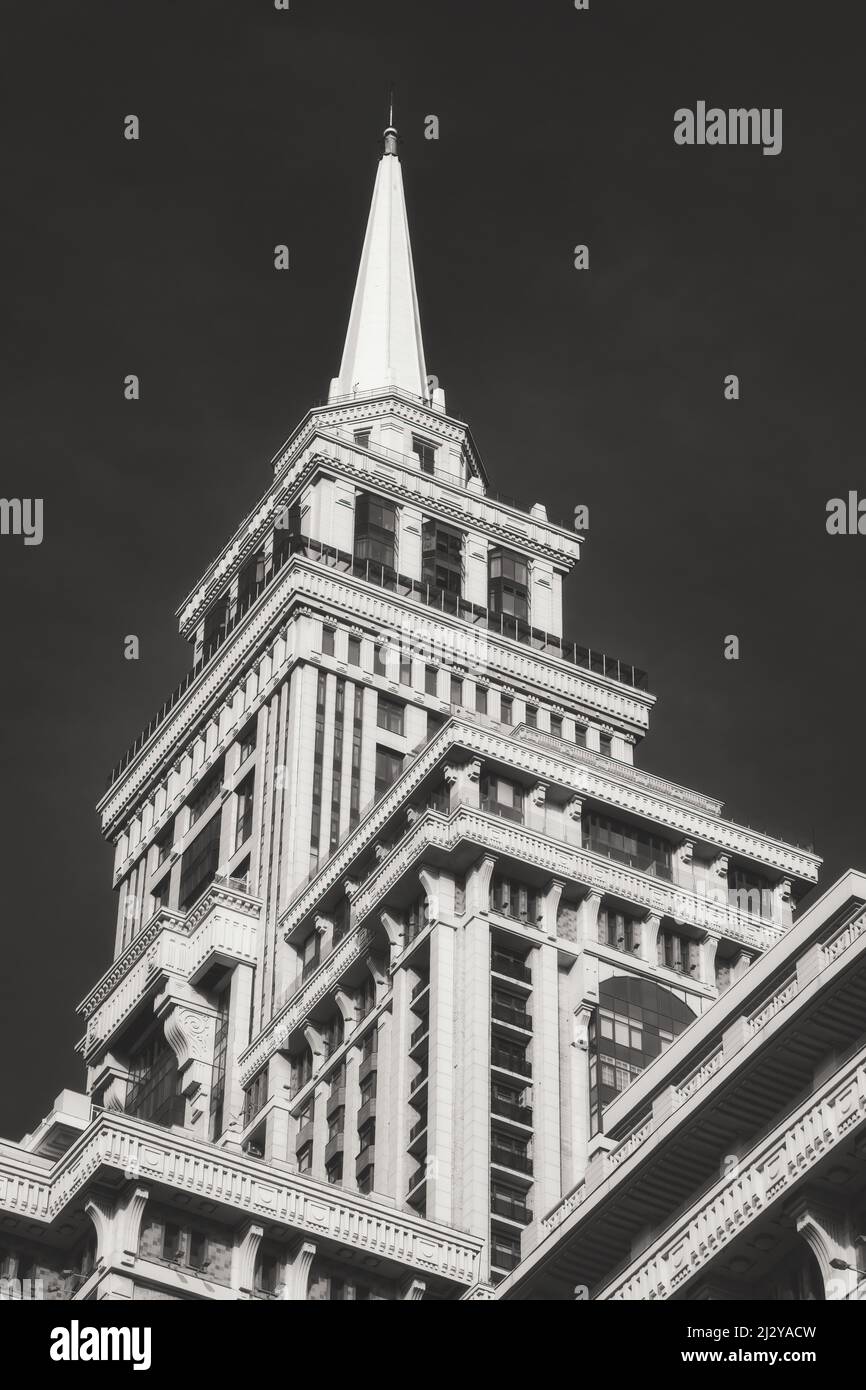 A grayscale of the Triumph Palace tower in Moscow, Russia Stock Photo ...
