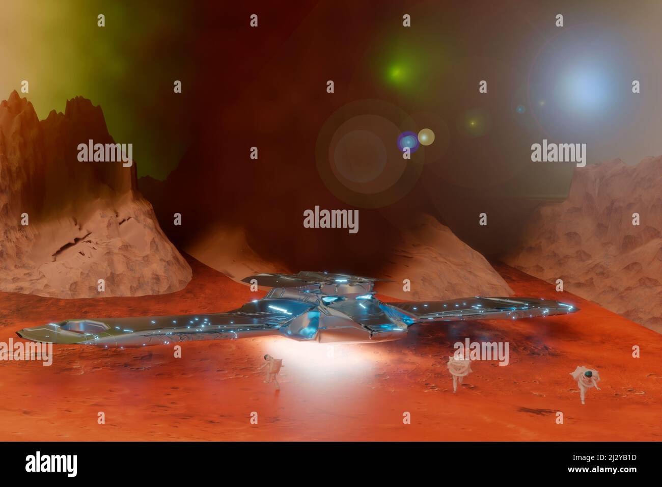 3D illustration on Mars red planet man and woman in the middle of ...