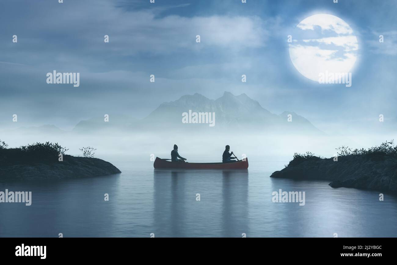 Couple adventurous people on red canoe paddling in calm water. Night ...