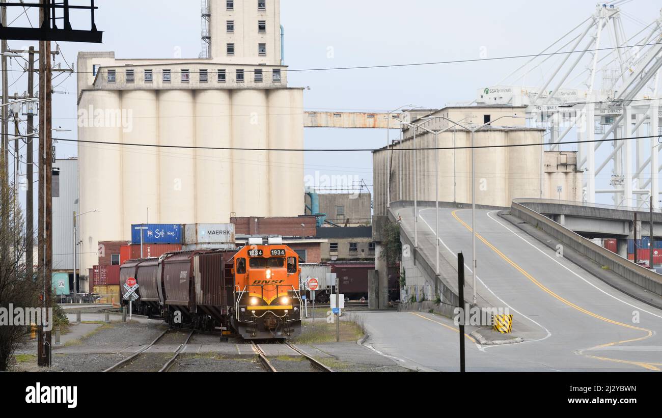 Seattle - April 03, 2022; BNSF local freight train leaving Harbor ...