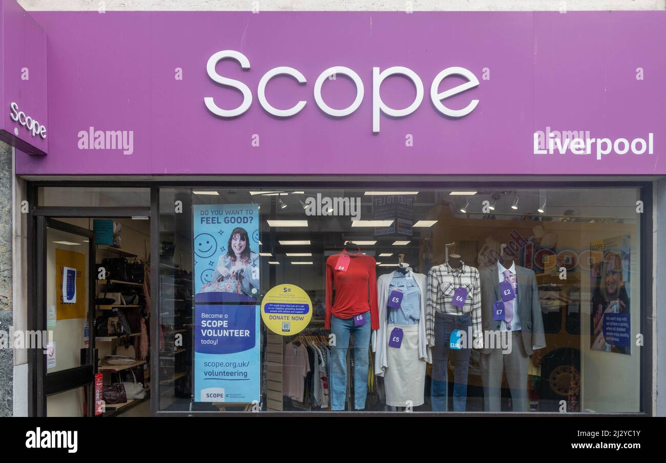 Preowned clothing for sale in the window of a Scope shop in Liverpool ...