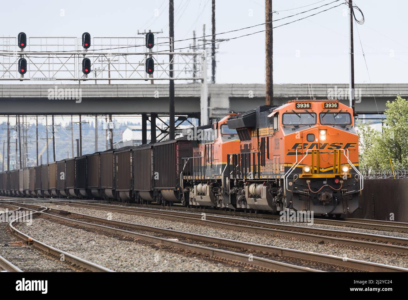 Seattle - April 03, 2022; Loaded BNSF coal train passes northbound ...