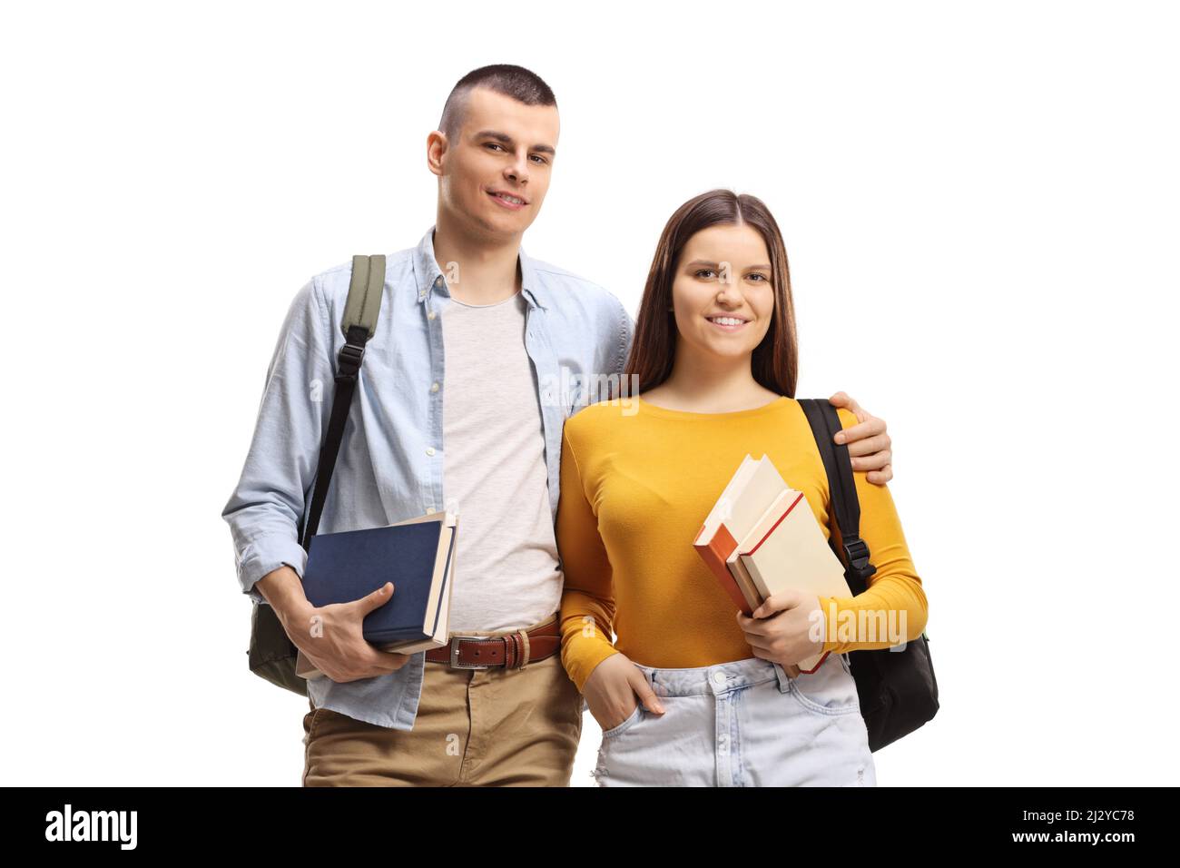 Students with backpacks and books isolated on white background Stock ...