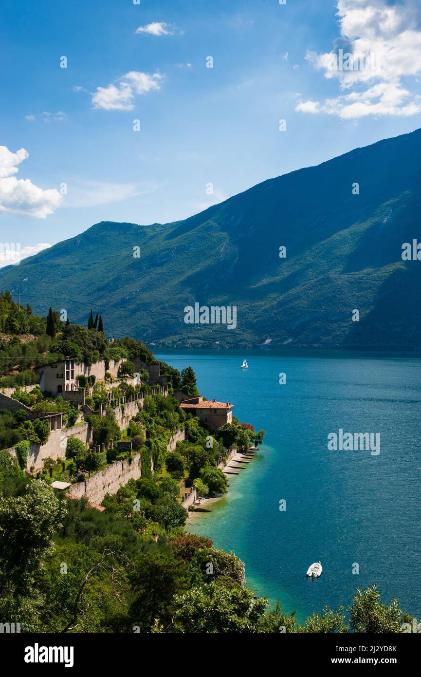 Ancient lemon houses overlooking Lake Garda in Limone sul Garda, a very ...