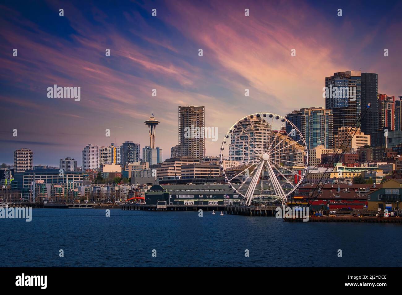 A scenic view of the Downtown Seattle skyline and the great wheel in ...