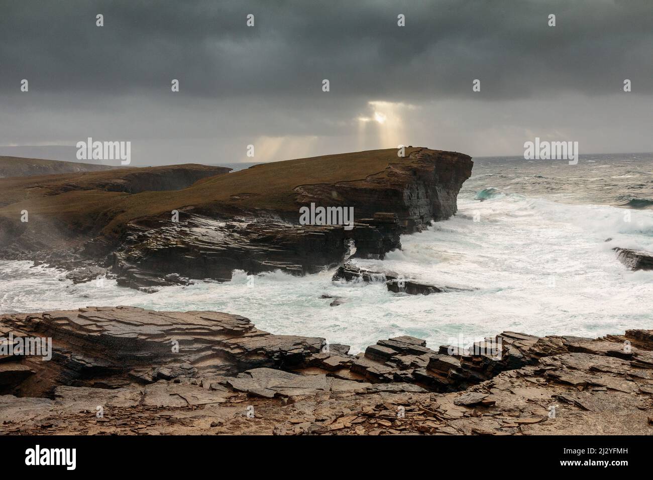 Storm, surf breaker, Yesnaby cliff, sunbeam through clouds, cliffs ...